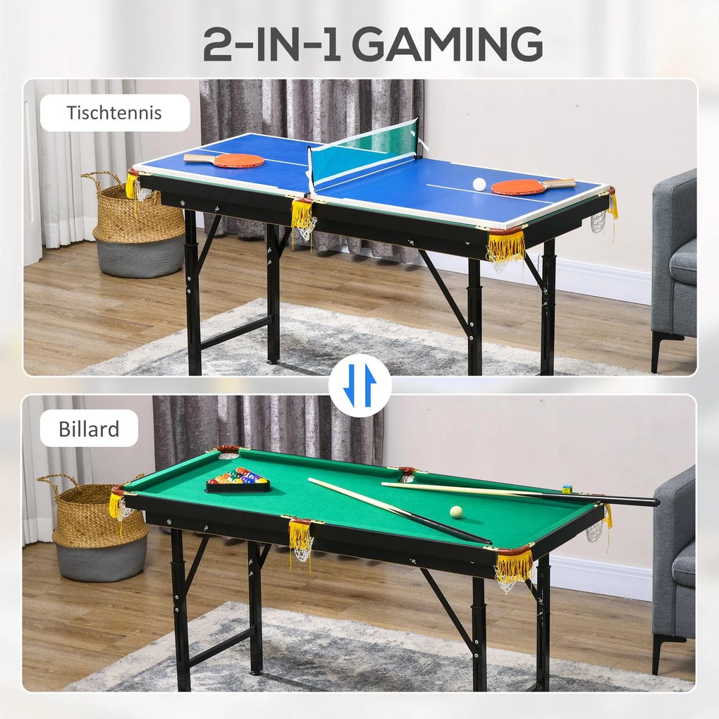 SPORTNOW multigame herní stůl 2v1 multifunkční stůl na stolní tenis a kulečník pro děti a dospělé, ocel 140x63x60-80cm, zelený