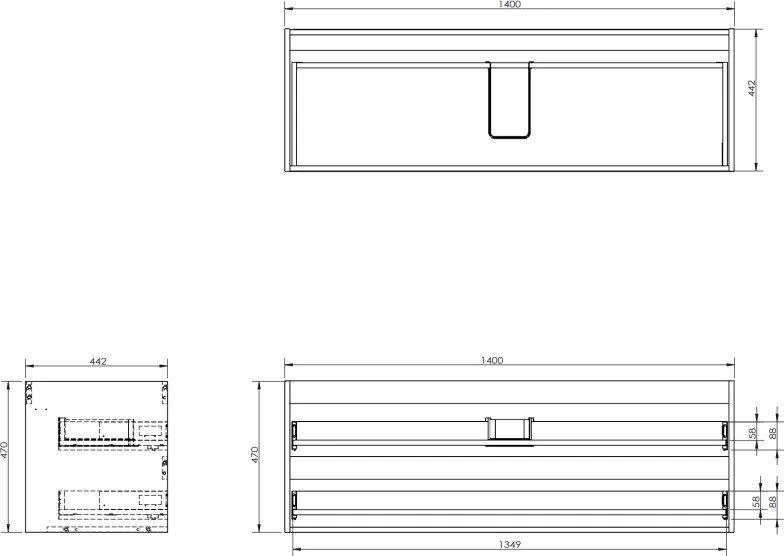 Mexen Rivel, koupelnová skříňka pod umyvadlo 140 cm s horní deskou, 2 zásuvky, drážkovaná, grafit matná - 91A20-14047-2-BFFC66