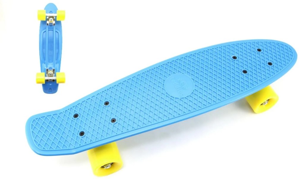 Skateboard - pennyboard 60cm nosnost 90kg, kovové osy, modrá barva, žlutá kola