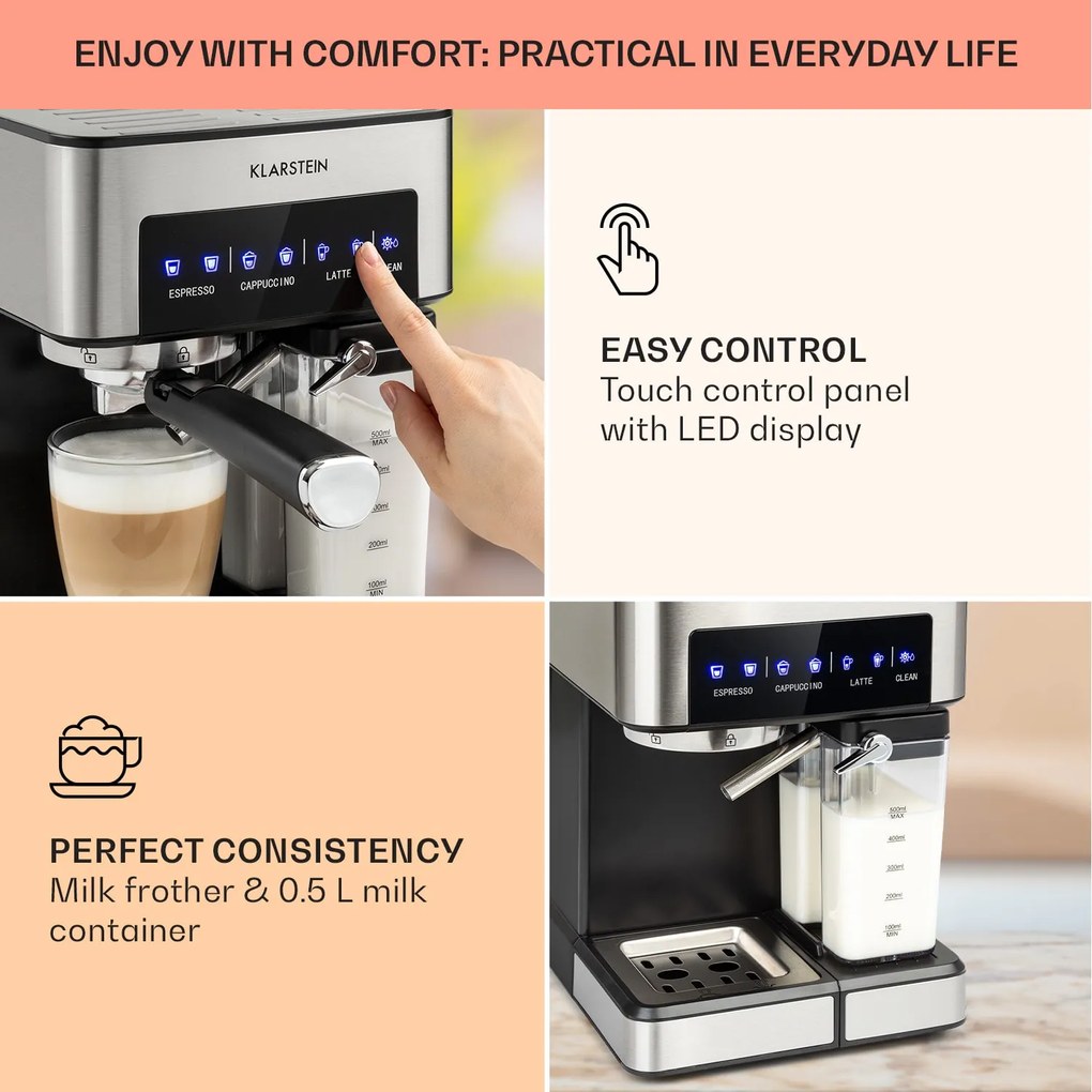 Klarstein Arabica Comfort, kávovar s portafiltrem, 1350 W, 20 bar, 1,8 l, dotykový displej