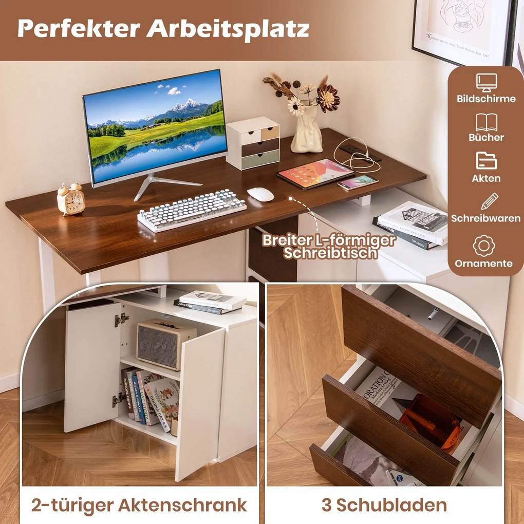 Costway Stůl ve tvaru L s kartotékou a zásuvkou 138 cm