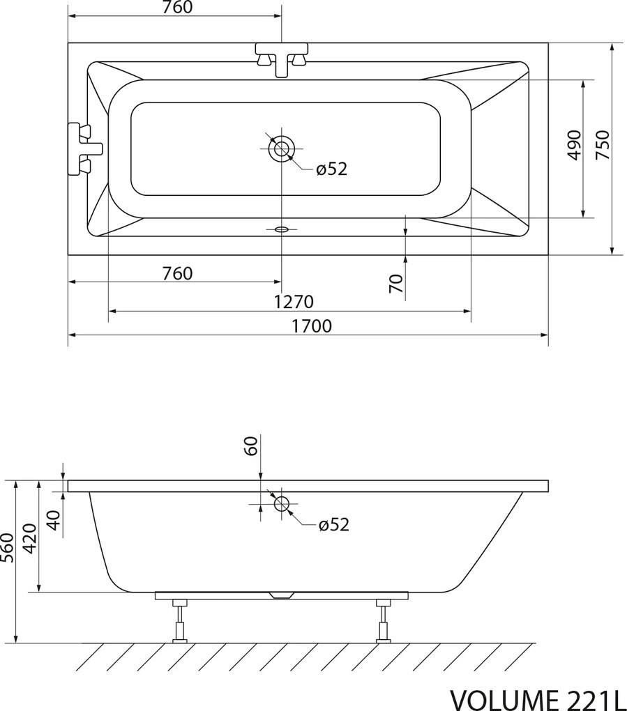 Aqualine Nisa A1775 obdélníková vana 170 x 75 cm akrylátová