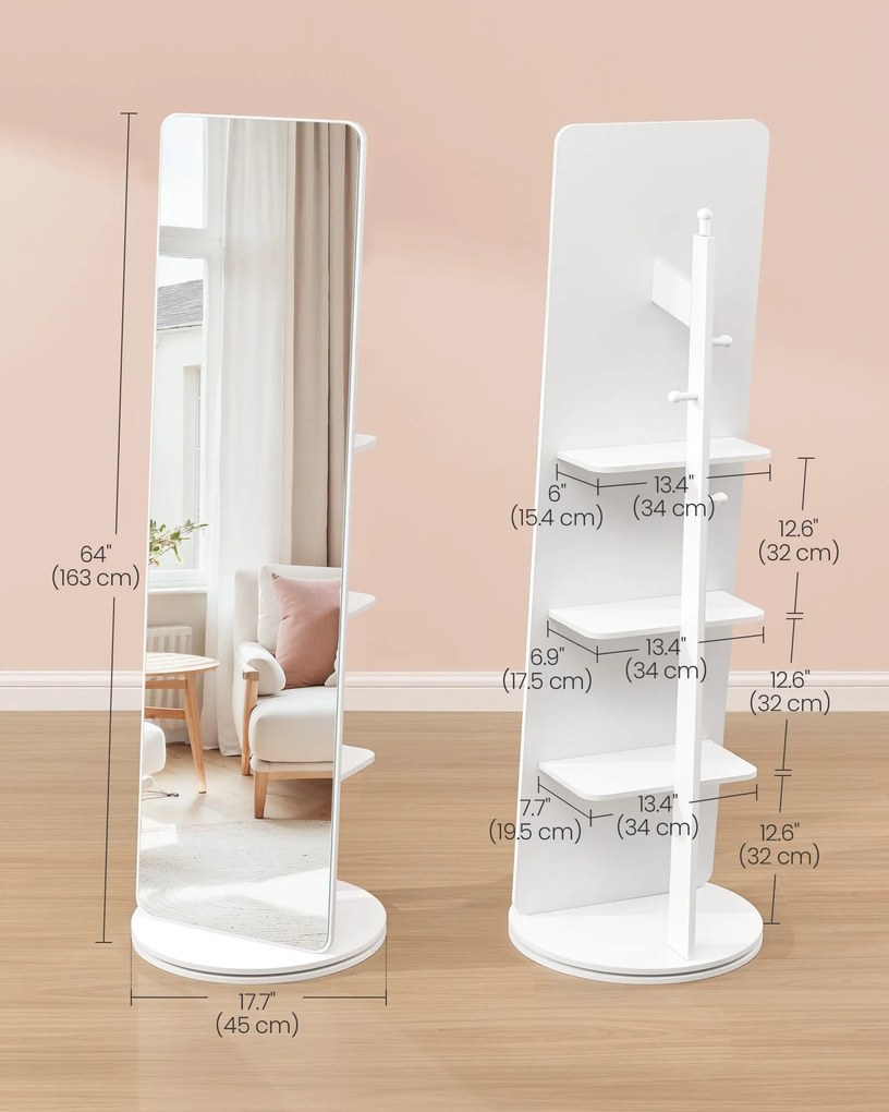 SONGMICS stojací zrcadlo, otočné o 360°, 163 x 45 cm, oblačně bílé