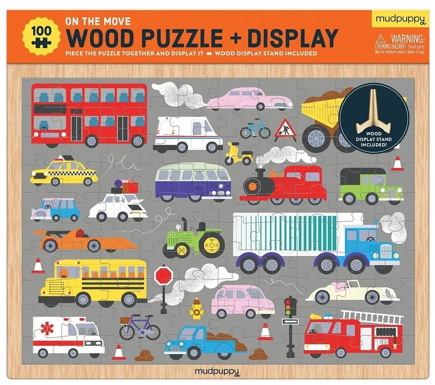 Mudpuppy Dřevěné puzzle Dopravní prostředky + stojánek 100 dílků