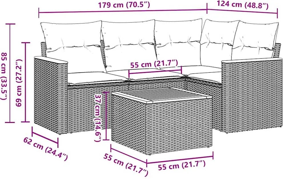 5dílná zahradní sedací souprava s poduškami černá polyratan 3258339