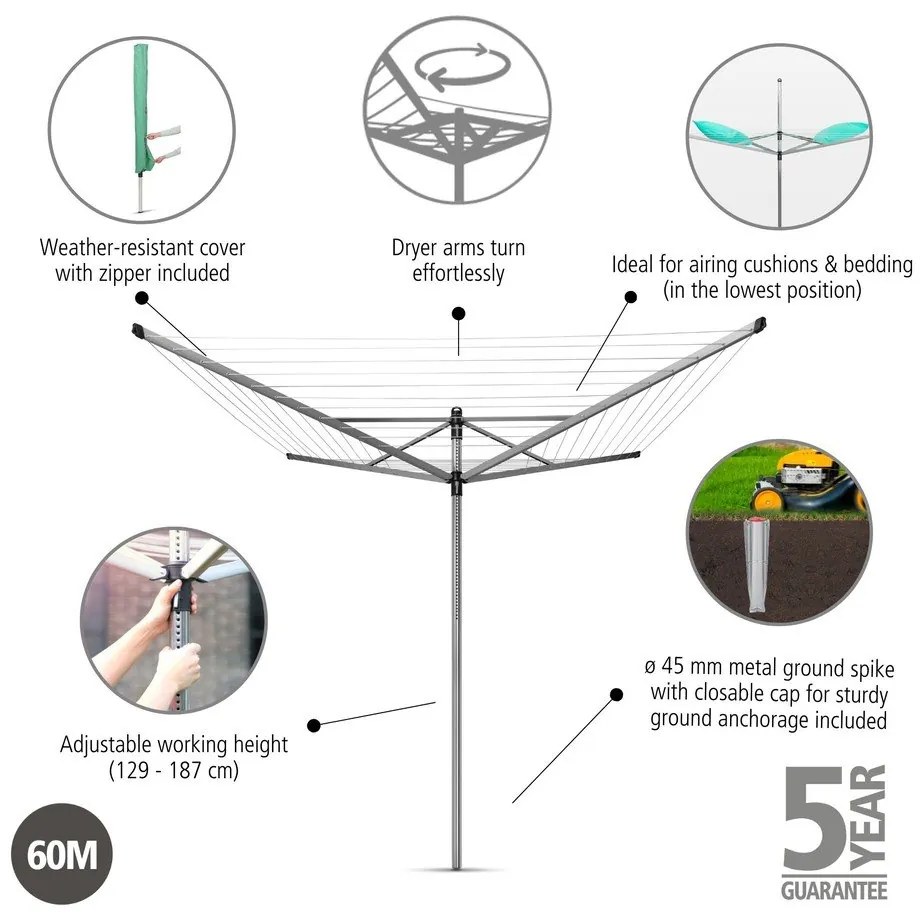 Venkovní sušák na prádlo ve stříbrné barvě 60 m Lift-O-Matic – Brabantia