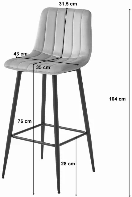 Set tří barových židlí POZZA sametově stříbrná (černé nohy) 3 ks