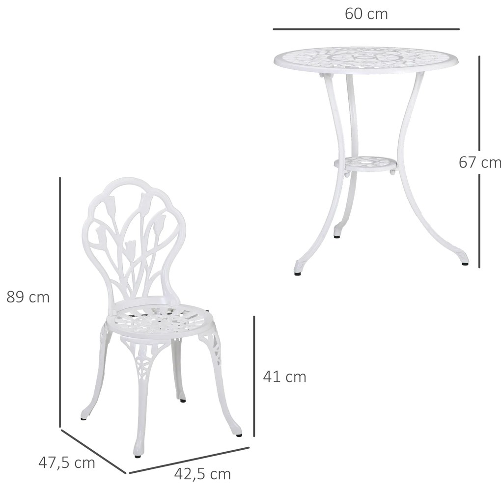 Outsunny sedací souprava pro 2 osoby jídelní set zahradního nábytku se stolem a 2 židlemi, hliníková s otvorem pro slunečník, bílá pro balkon a teras…