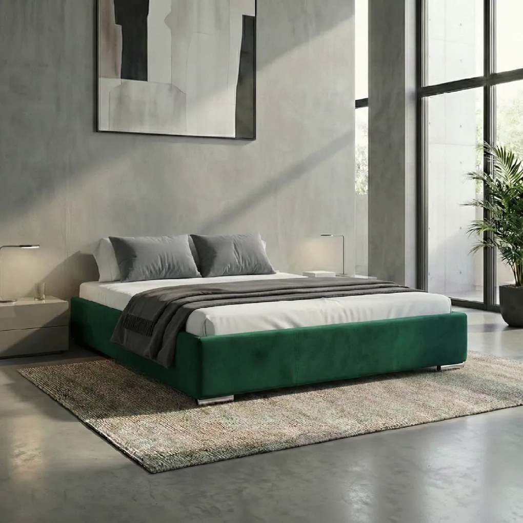 Eka Čalouněná postel LANA 140 x 200 cm, Trinity 2328 Tmavá zelená s dřevěným rámem úložného prostoru