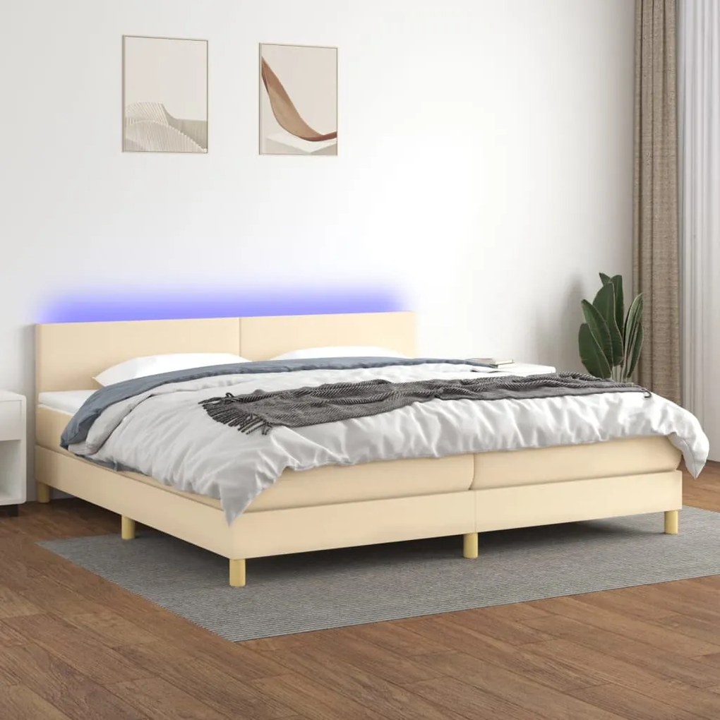 Box spring postel s matrací a LED krémová 200x200 cm textil