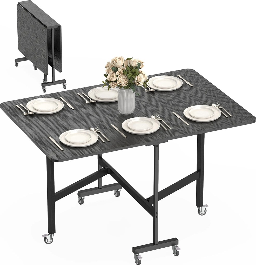 HOMCOM skládací jídelní stůl pro 4–6 osob s kolečky a sklápěcími deskami, černý, 120×80×73 cm | Aosom