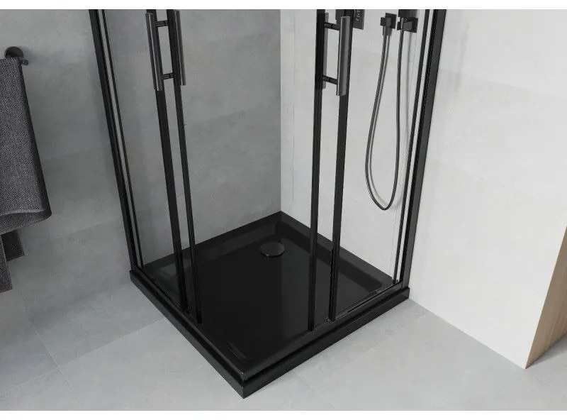 Mexen Rio, čtvercový sprchový kout s posuvnými dveřmi 90 x 90 cm, 5mm čiré sklo, černý profil + černá sprchová vanička, 860-090-090-70-00-4070B
