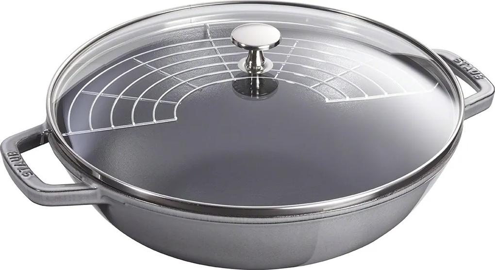 Litinový wok se skleněnou poklicí Staub, 30 cm, grafitově šedá