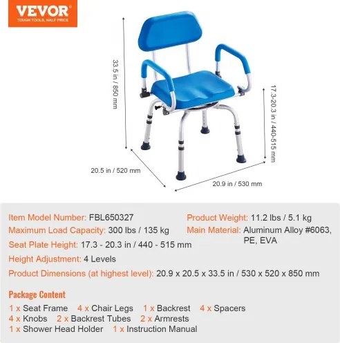 křeslo do sprchy otočné o 360° a otočné ramena Polstrované sedátko 136,1 kg