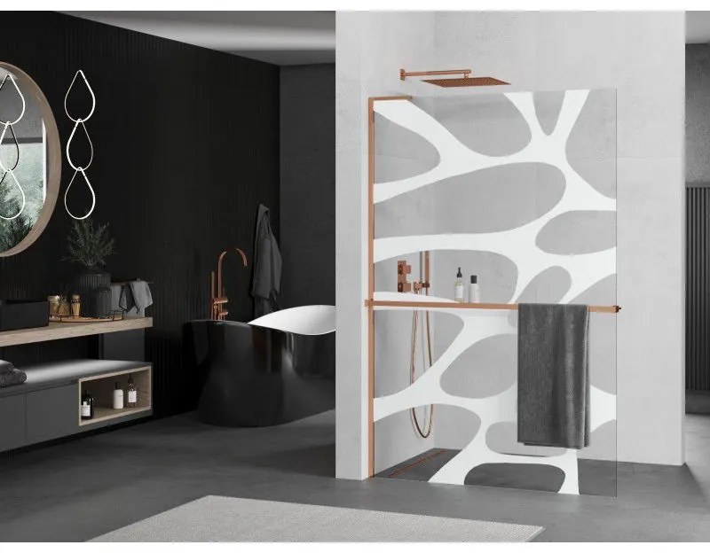 Mexen Kioto+ L, sprchová zástěna Walk-In s poličkou a věšákem 100 x 200 cm, 8mm čiré sklo bílý vzor, růžové zlato profil, 800-100-123-60-97