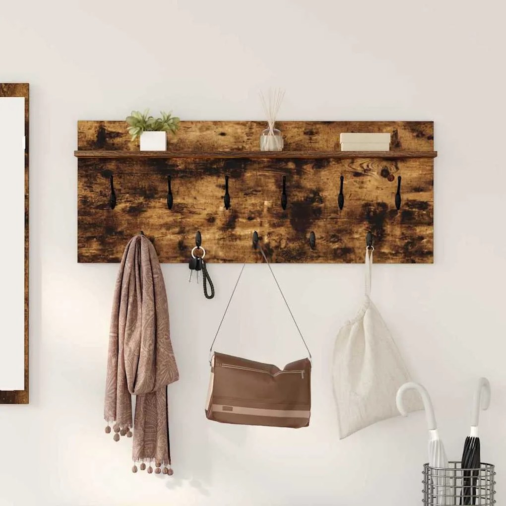věšák, nástěnný, 1 prkno, háčky, kompozitní dřevo, 40x100x12 cm, kouřový dub, Dekorino TK20260019