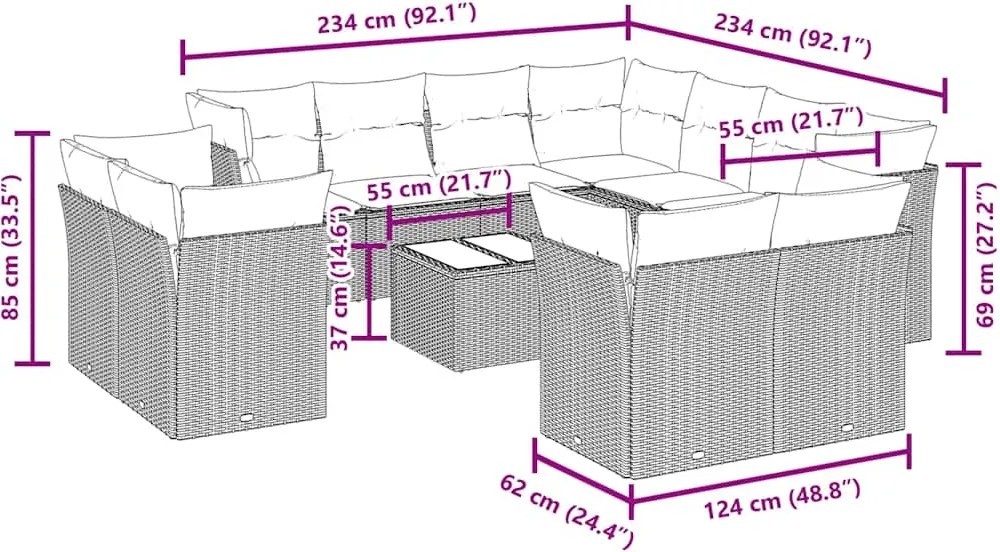 12dílná zahradní sedací souprava s poduškami černá polyratan 3250355