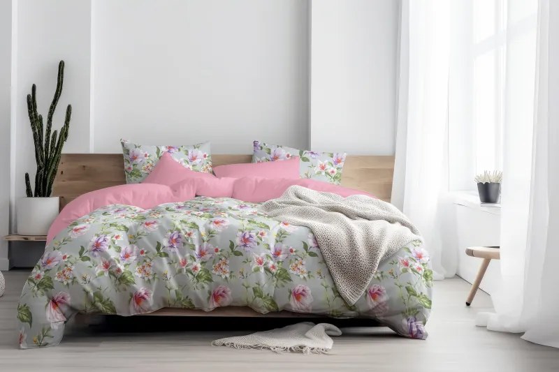Ervi Bavlněné povlečení oboustranné - Magnolia a lilia na šedém/růžové