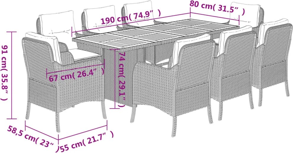 9dílný zahradní jídelní set s poduškami černý polyratan 3211895