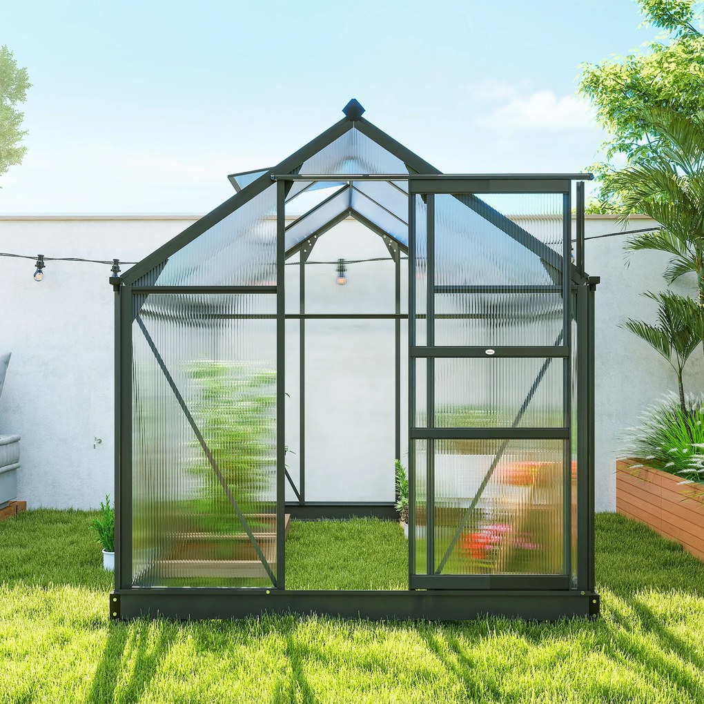 Zahradní skleník Outsunny z polykarbonátu 3,65 m² hliníkový skleník pro zahradu 190 x 192 x 201 cm odolný vůči UV záření, se zpevněným základem, okap…