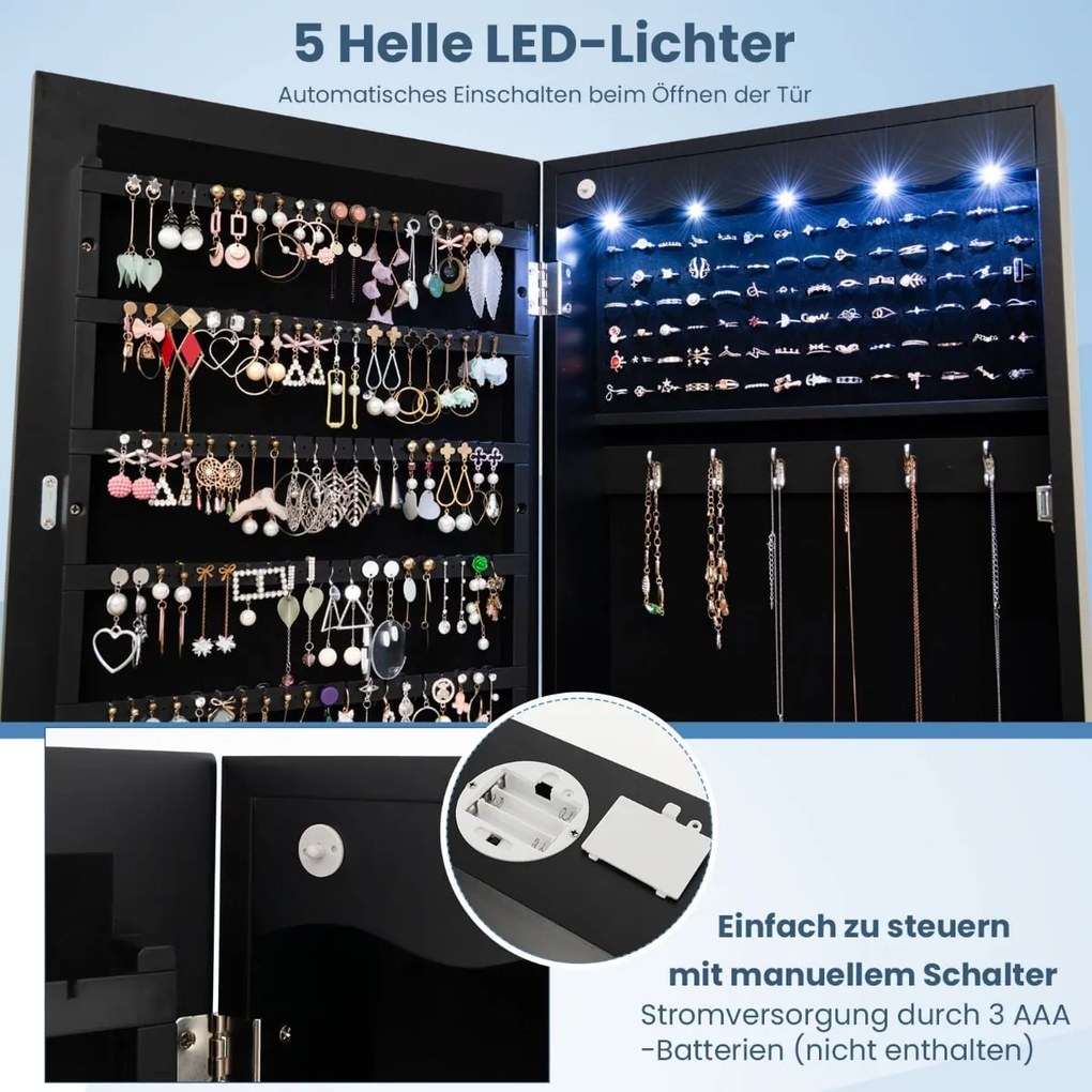 Costway Šperkovnice s LED Uzamykatelná nástěnná/dveřní šperkovnice