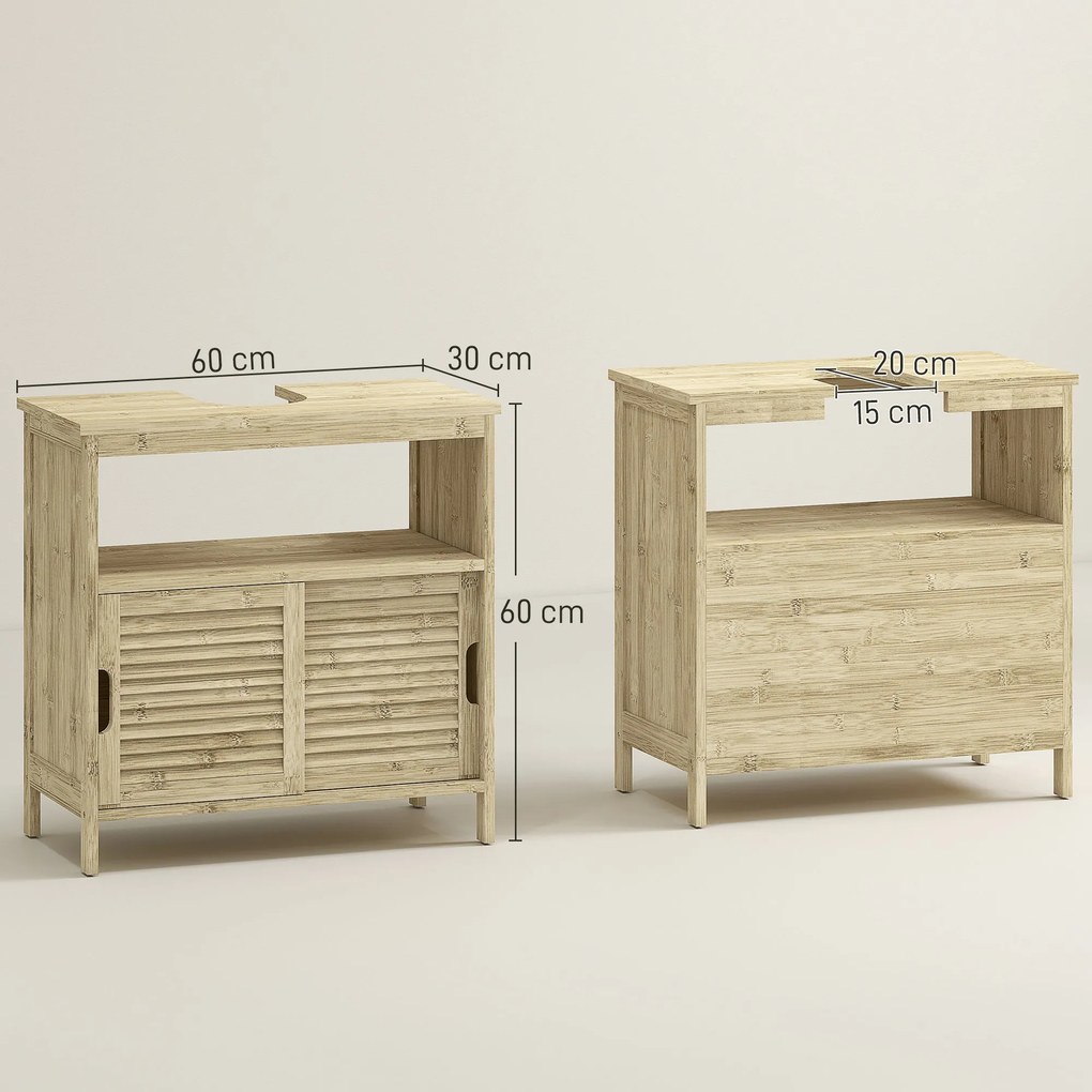 HOMCOM Bambusový skříňka pod umyvadlo, Koupelnová skříňka s 2 posuvnými dveřmi, 60 x 30 x 60 cm, Přírodní dřevo