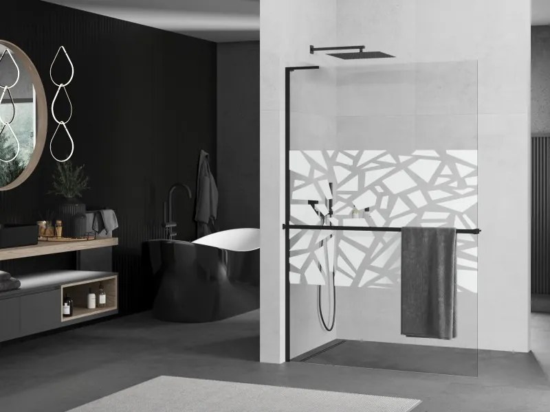 Mexen Kioto+ L, sprchová zástěna Walk-In s poličkou a ramínkem 100 x 200 cm, 8mm čiré sklo bílý vzor, černý profil, 800-100-123-70-85