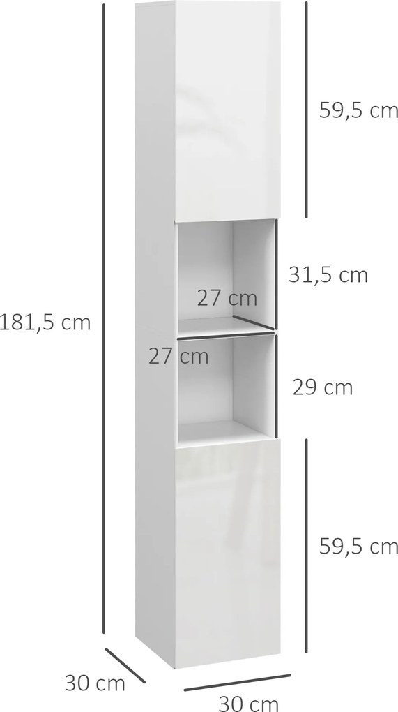 Vysoký koupelnový skříň Kleankin, lesklý povrch, nastavitelné police, 2 skříňky a 2 niky, koupelnová úložná police, 30 x 181,5 cm, bílá