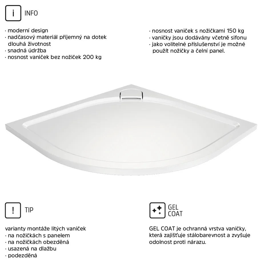 Mereo Čtvrtkruhová sprchová vanička s oblým krytem sif., vč. sif., bez nožiček, litý mramor 800 x 800 mm