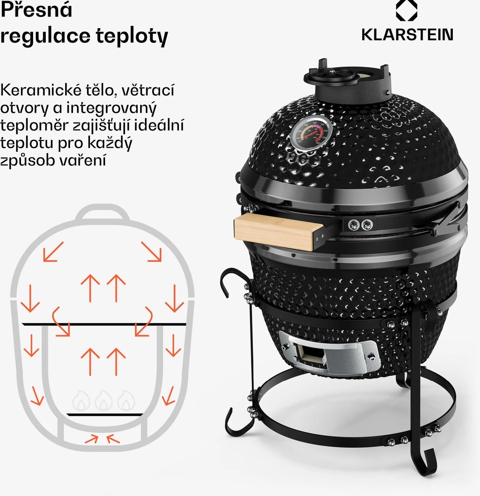 Klarstein Princesize, kamado gril, keramický, 11", uzení, BBQ, pomalé vaření, černý