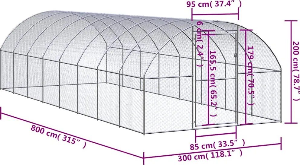Venkovní klec pro kuřata 3 x 8 x 2 m pozinkovaná ocel 3095466