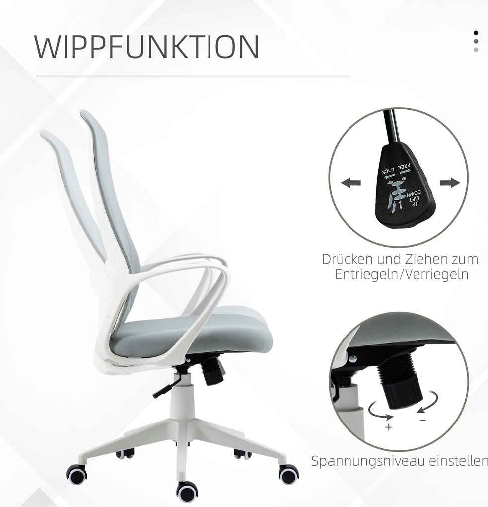 Kancelářská židle Vinsetto s funkcí naklápění, výškově nastavitelná, ergonomická počítačová židle, otočná PC židle pro domácí kancelář, pružná látka,…