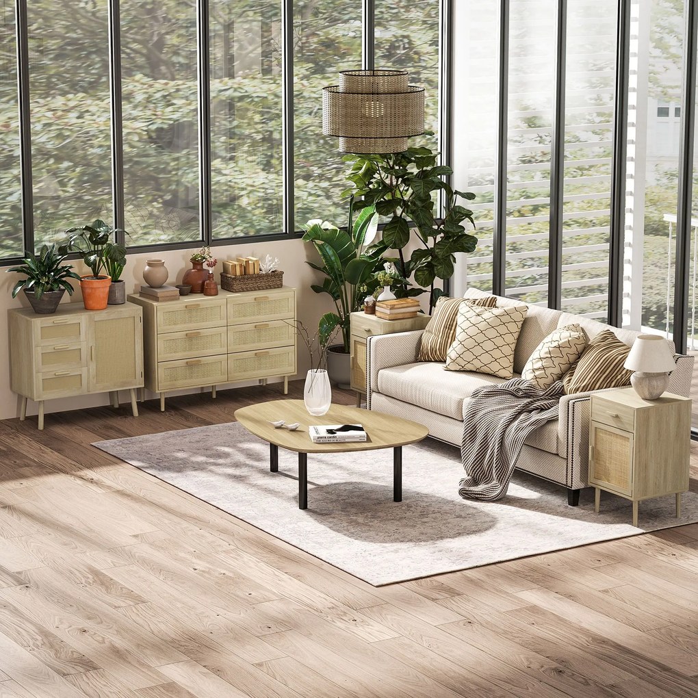 HOMCOM Set 2 nočních stolků s ratanovým šuplíkem a nastavitelnou policí do ložnice nebo obývacího pokoje 40x40x68,5 cm Dub