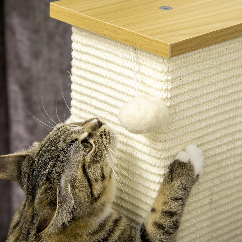 PawHut škrabadlo pro kočky 38L x 38W x 80H cm stabilní a bezpečné se škrabací deskou hracími míčky ze sisalu dub krémově bílý úspora místa