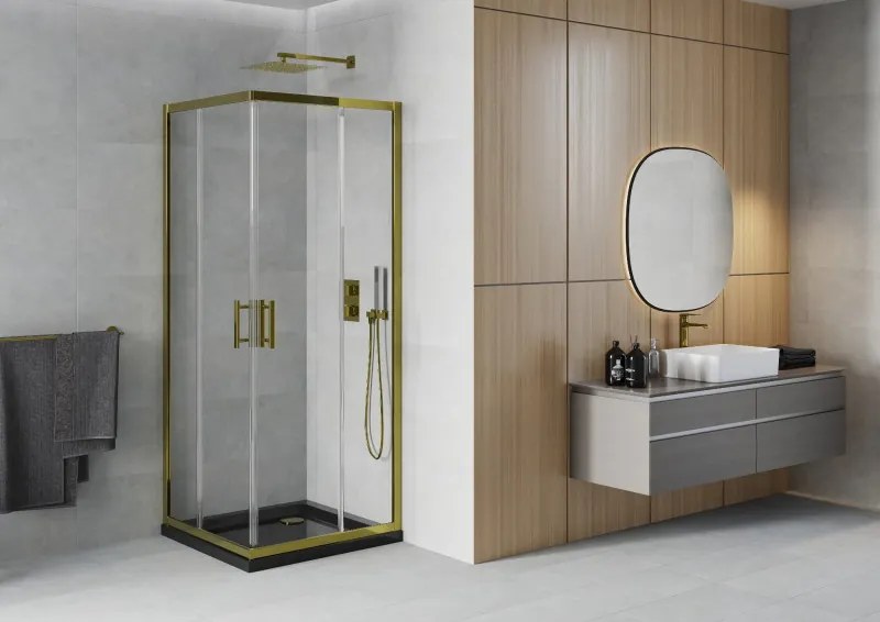 Mexen Rio, čtvercový sprchový kout s posuvnými dveřmi 70 (dveře) x 70 (dveře) x 190 cm, 5mm čiré sklo, zlatý profil + černá sprchová vanička SLIM se zlatým sifonem, 860-070-070-50-00-4070G