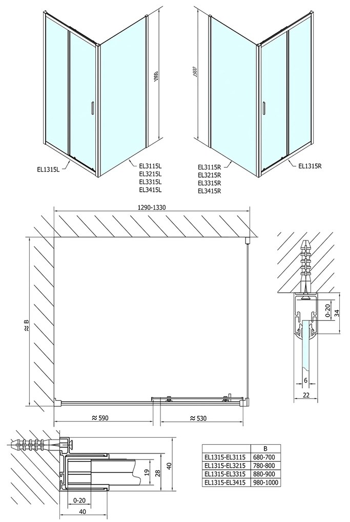 Polysan EASY LINE obdélníkový sprchový kout 1300x800mm, čiré sklo L/P varianta EL1315EL3215