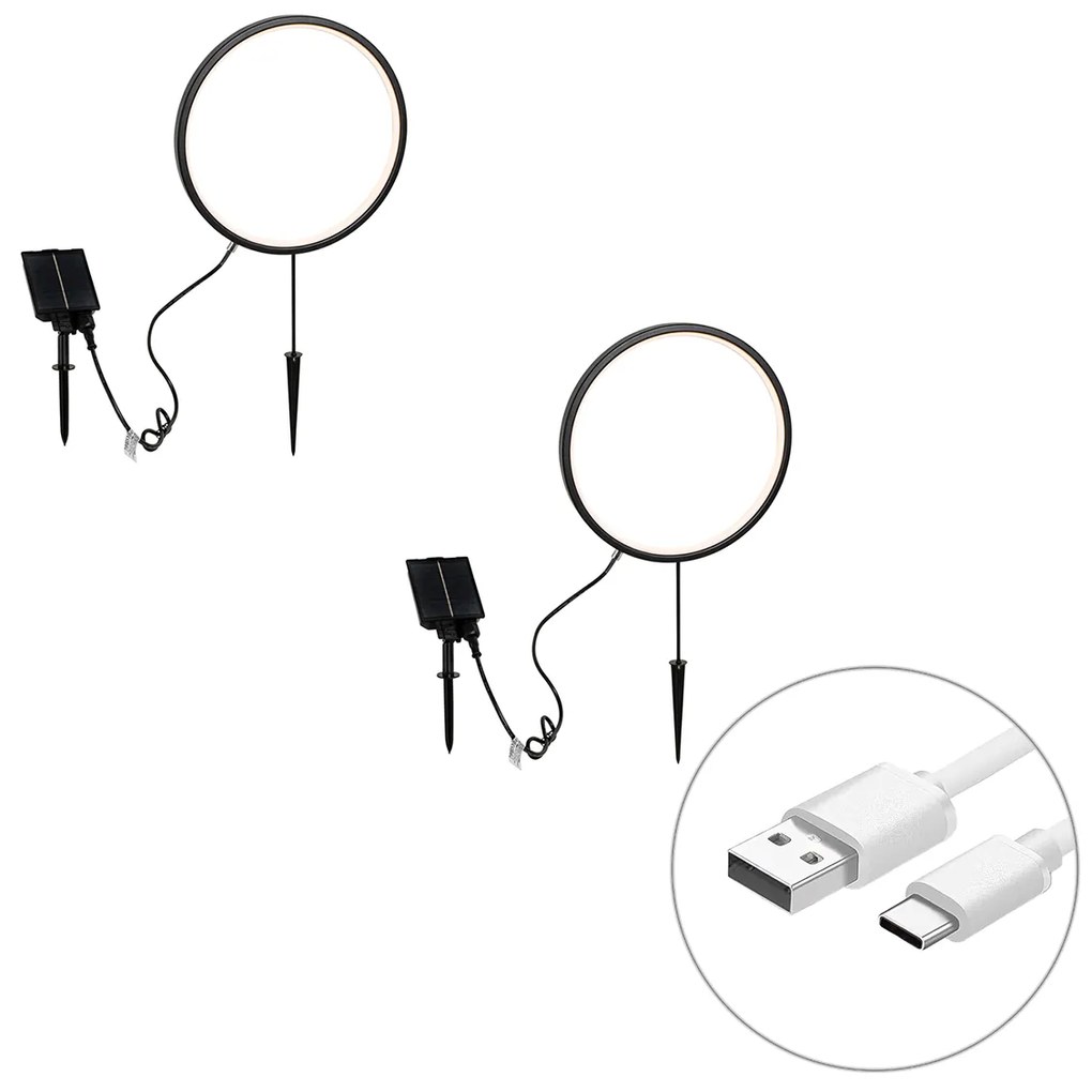 Sada 2 černých zahradních bodových svítidel 60 cm včetně dobíjecího LED a solárního panelu IP65 - Adalind