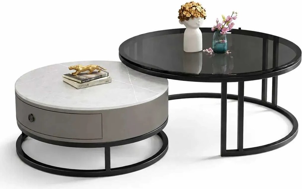 LuxuryForm DESIGN Konferenční stolek AMARO 80 / 60 cm – šedý mramor / sklo (set 2 ks)
