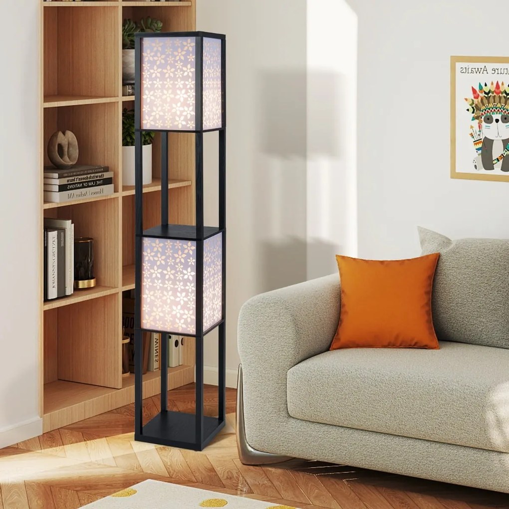 Costway 2 žárovková stojací lampa s 2 policemi Stojací lampa s 2 vyříznutým