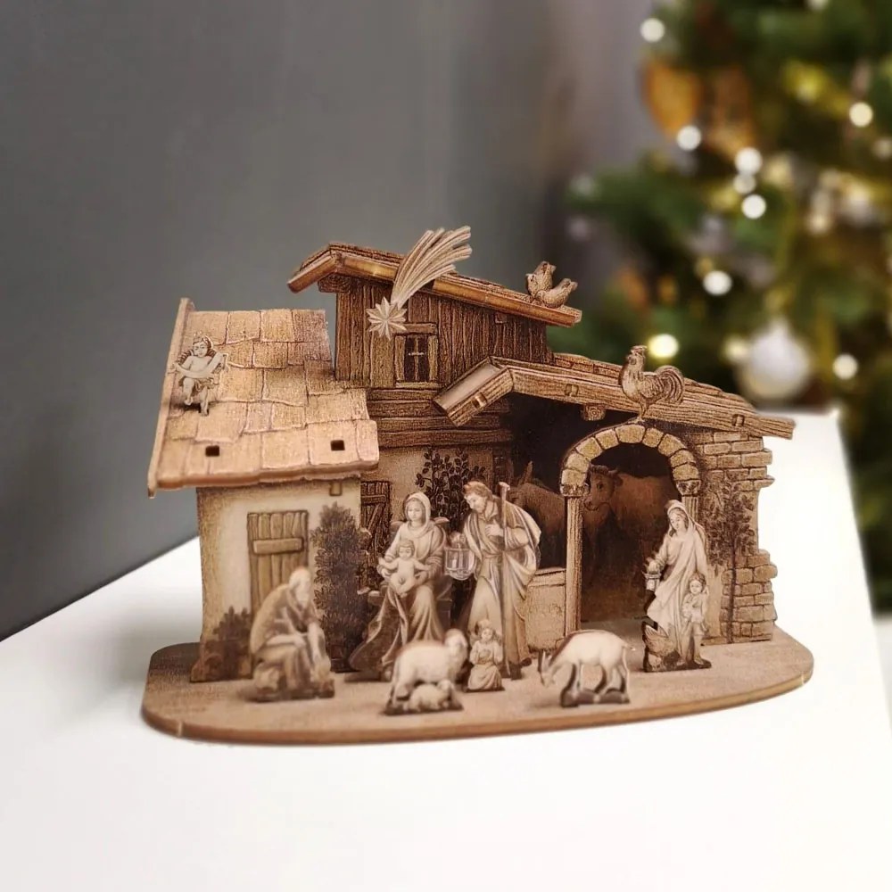AMADEA Dřevěný skládací betlém sépiový 3D 12 cm