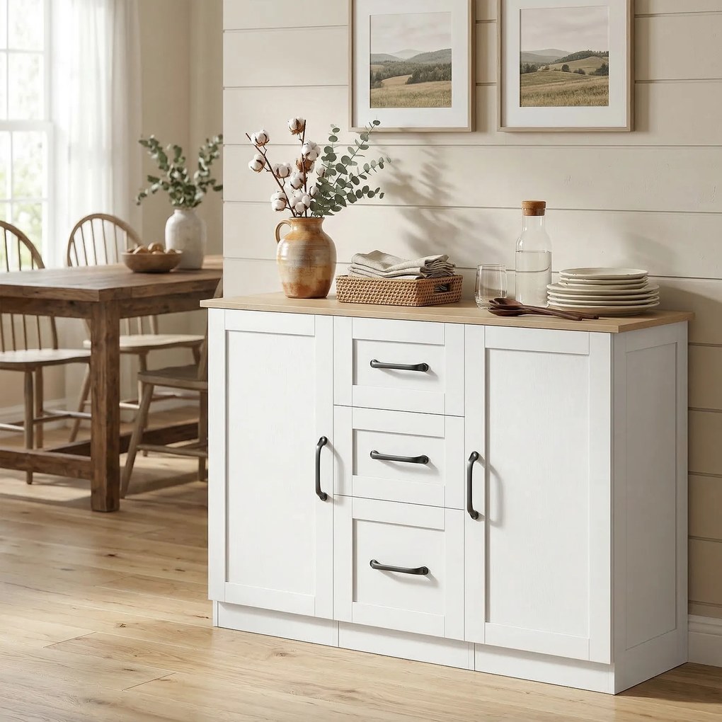 HOMCOM Komoda do obývacího pokoje, úložný nábytek se 2 dvířky s tichým dovíráním a 3 zásuvkami, 110x35x80,4 cm, bílá a přírodní dřevo