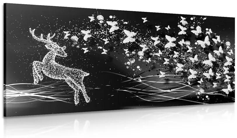 Obraz nádherný jelen s motýly v černobílém provedení Varianta: 100x50