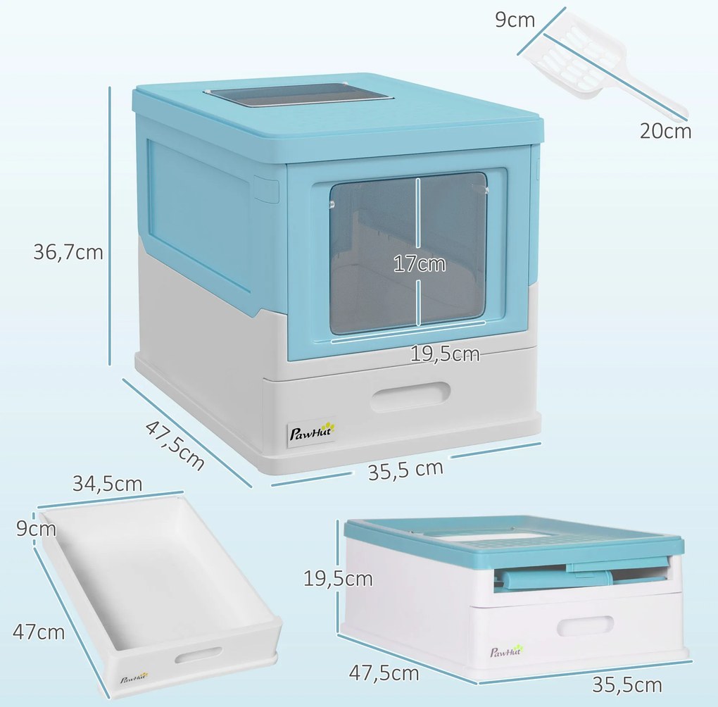 Skládací kočičí záchod PawHut s krytem, odnímatelným zásobníkem, dvířky s horním vstupem a lopatkou 47,5x35,5x36,7 cm Modrá a bílá