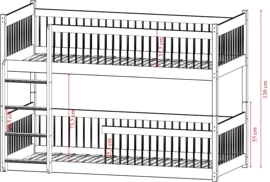 Dětská patrová postel s Montessori lůžkem z masivu borovice BOLEK - 200x90 cm - OLIVOVĚ ZELENÁ