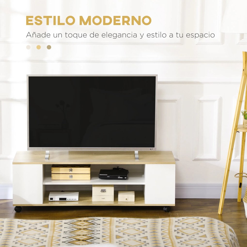 HOMCOM TV Stojan na Kolečkách - Nástěnný TV Stojan s 2 Úložnými Policemi pro Televize do 139 cm - 120x40x38,5 cm