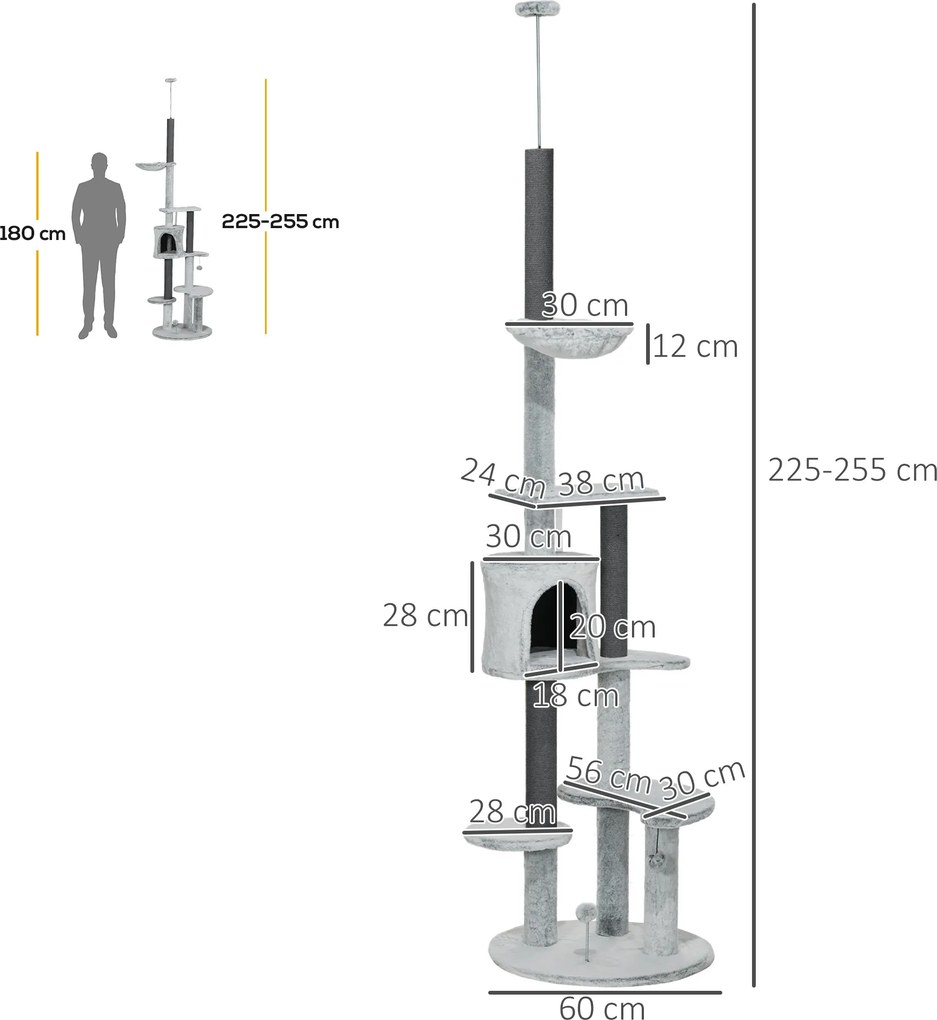 Stropní škrabadlo PawHut výškově nastavitelné 225-255 cm s ochranou proti překlopení Jeskyně pro kočky Škrabadla Hrací míč Grey