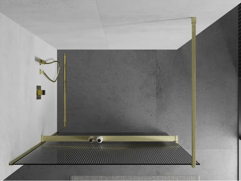 Mexen Kioto+, sprchová zástěna Walk-In s poličkou a věšákem 90 x 200 cm, 8mm sklo s žebrovým vzorem, zlatý matný profil, 800-090-121-55-09