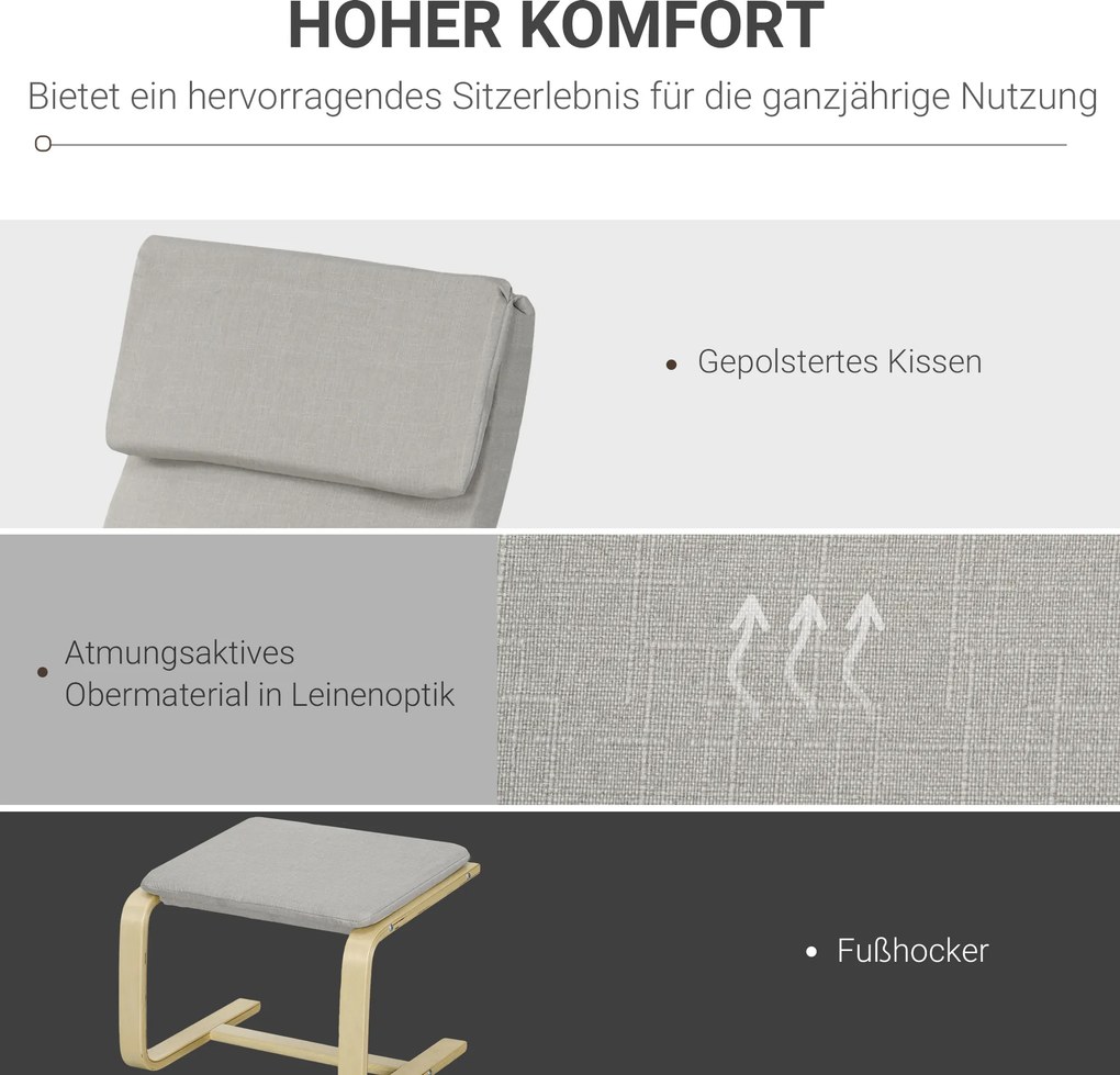 HOMCOM sada 2 lounge křesel s taburetem a područkou, opěrka hlavy, lněný potah, polyesterový polštář na nohy, eukalyptus, světle šedá 66,5 x 80 x 99 …