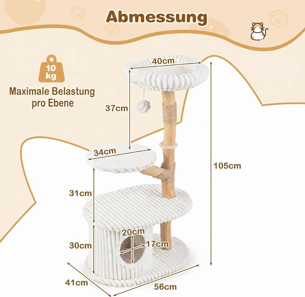 Costway Dřevěné škrabadlo pro kočky 105 cm s přírodním kmenem, šedé