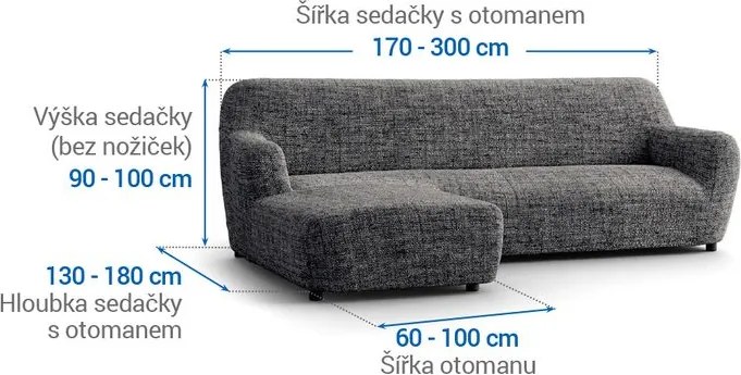 Bielastické potahy VITTORIA šedá sedačka s otomanem vlevo (š. 170 - 300 cm)